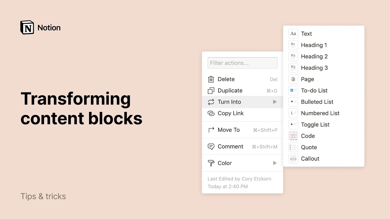 Transforming content blocks in Notion