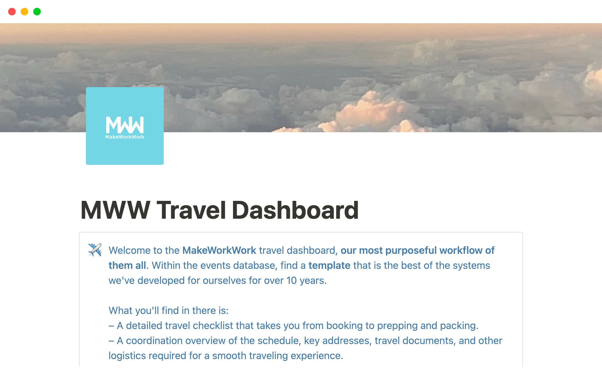 MWW Travel Dashboard Template by MakeWorkWork | Notion Marketplace