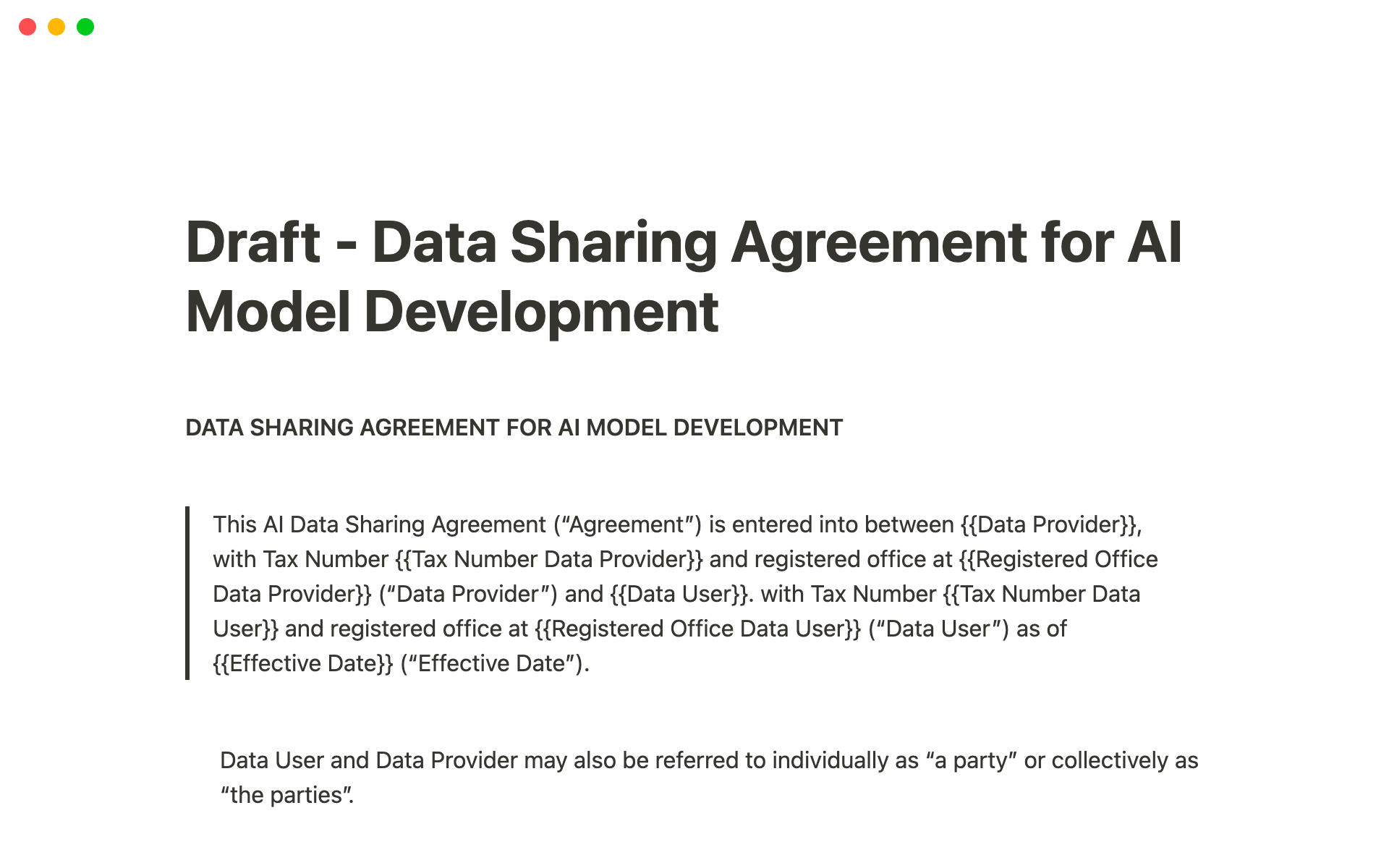 Data Sharing Agreement for AI Model Development Template by Legal Stuff ...