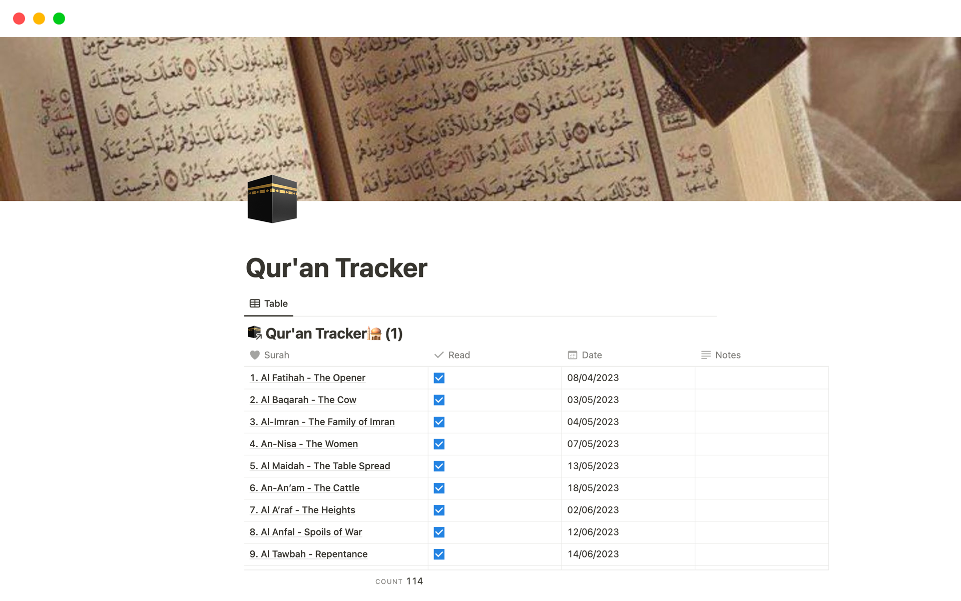 Qur'an Tracker Template | Notion Marketplace