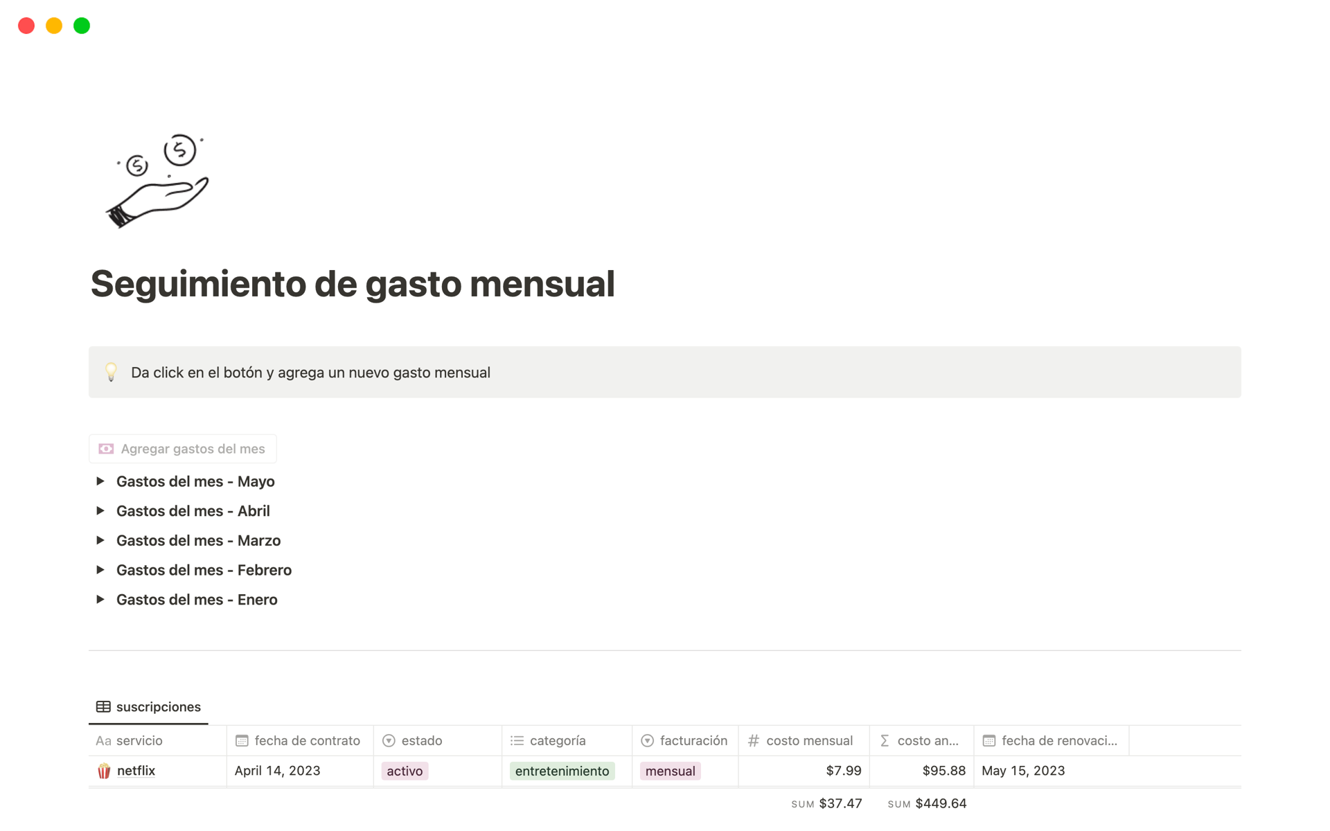 Plantilla Seguimiento de gasto mensual | Notion Marketplace