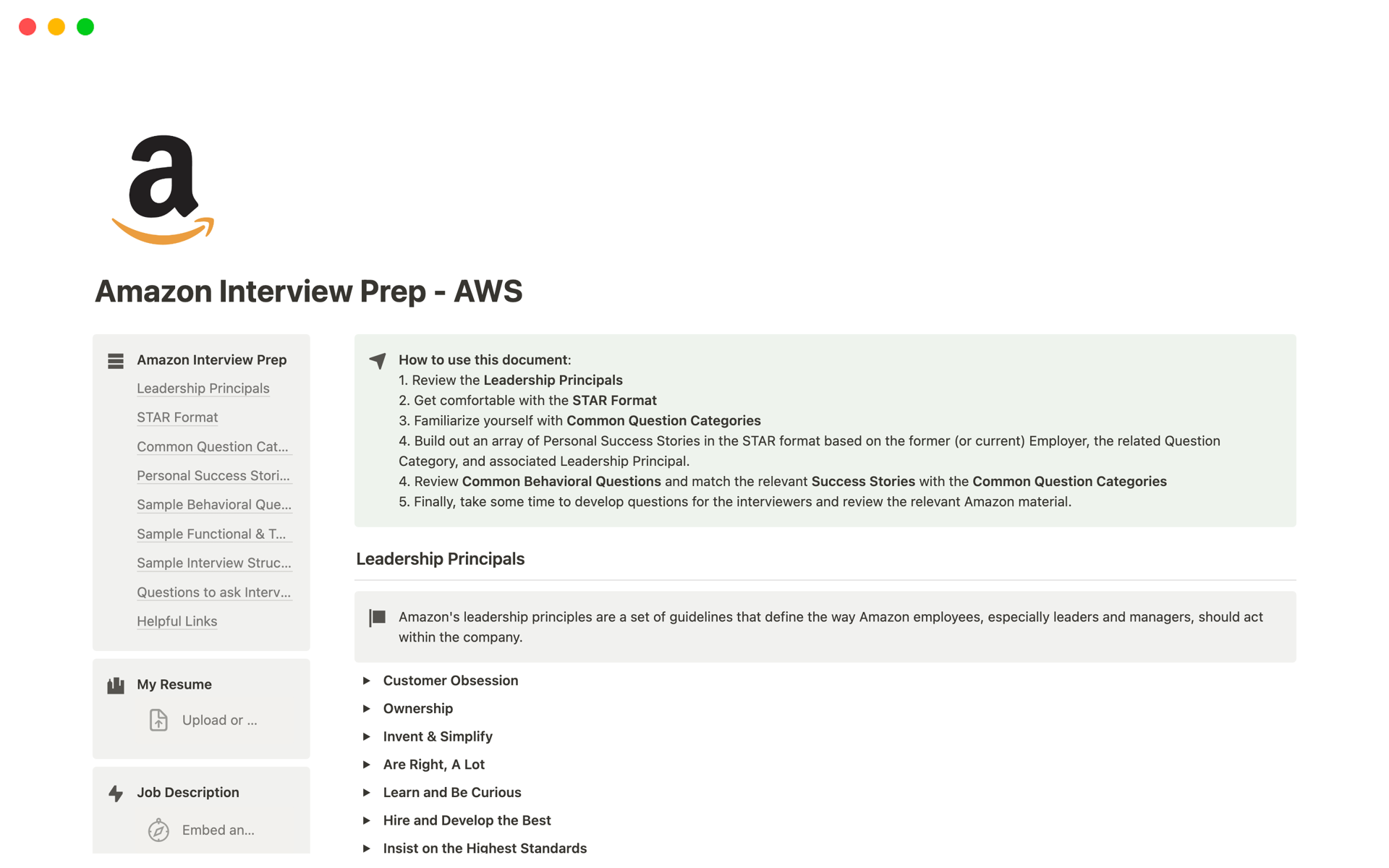 Amazon Interview Prep - AWS Template by Stuart Sharpe | Notion Marketplace Amazon Interview Prep - AWS Template by Stuart Sharpe | Notion Marketplace