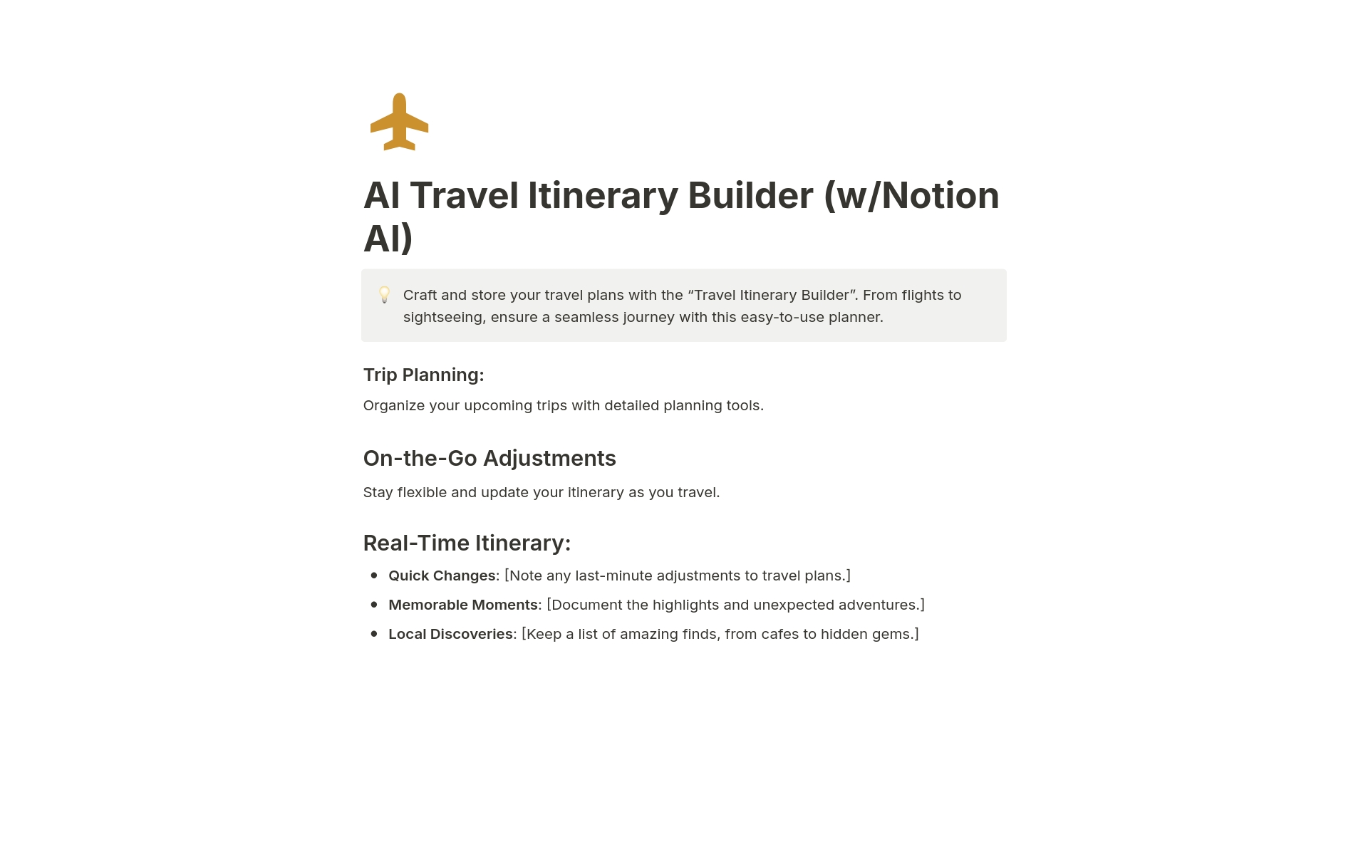 A Simple One-Page AI Travel Itinerary Template | Notion Marketplace