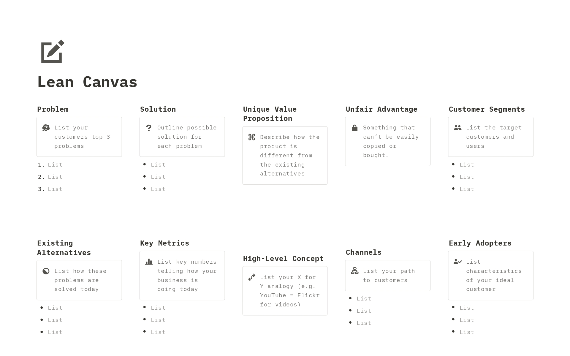 Lean Canvas Template by Bertil | Notion Marketplace