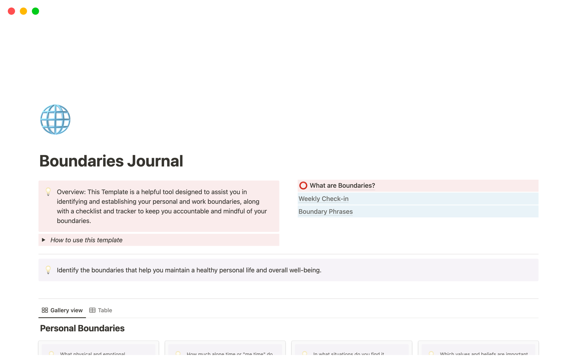 Boundaries Journal Template | Notion Marketplace