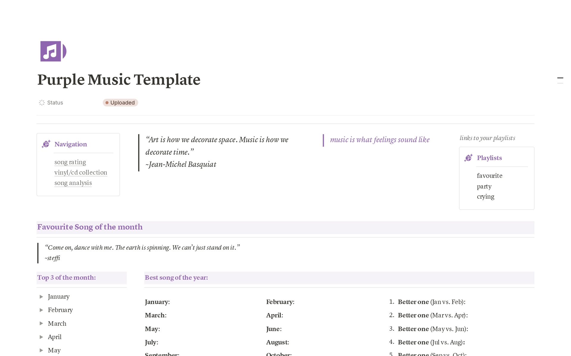 Purple Music and Songranking Template by Finja | Notion Marketplace