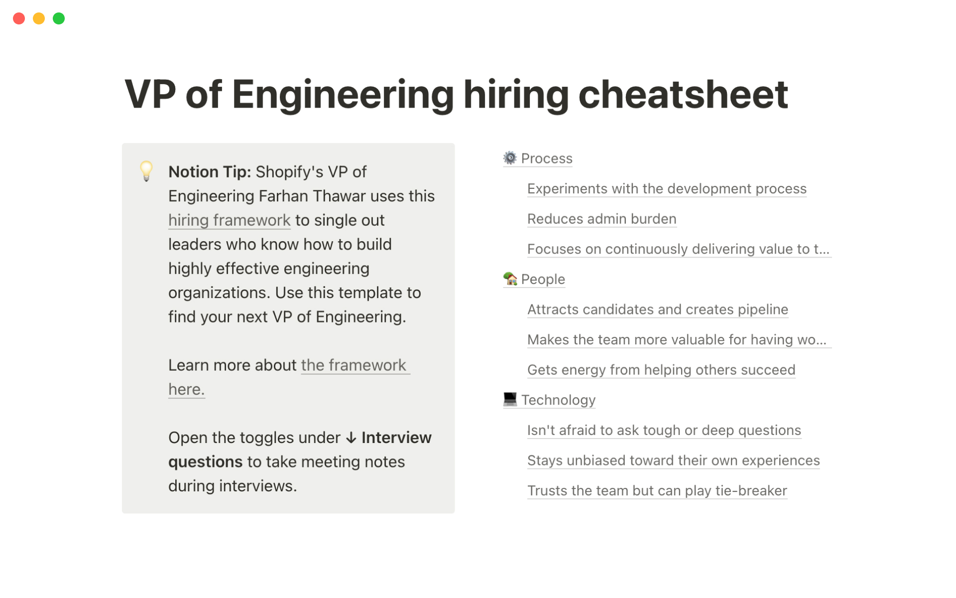 Shopify's VP of Engineering hiring cheatsheet Template | Notion Marketplace