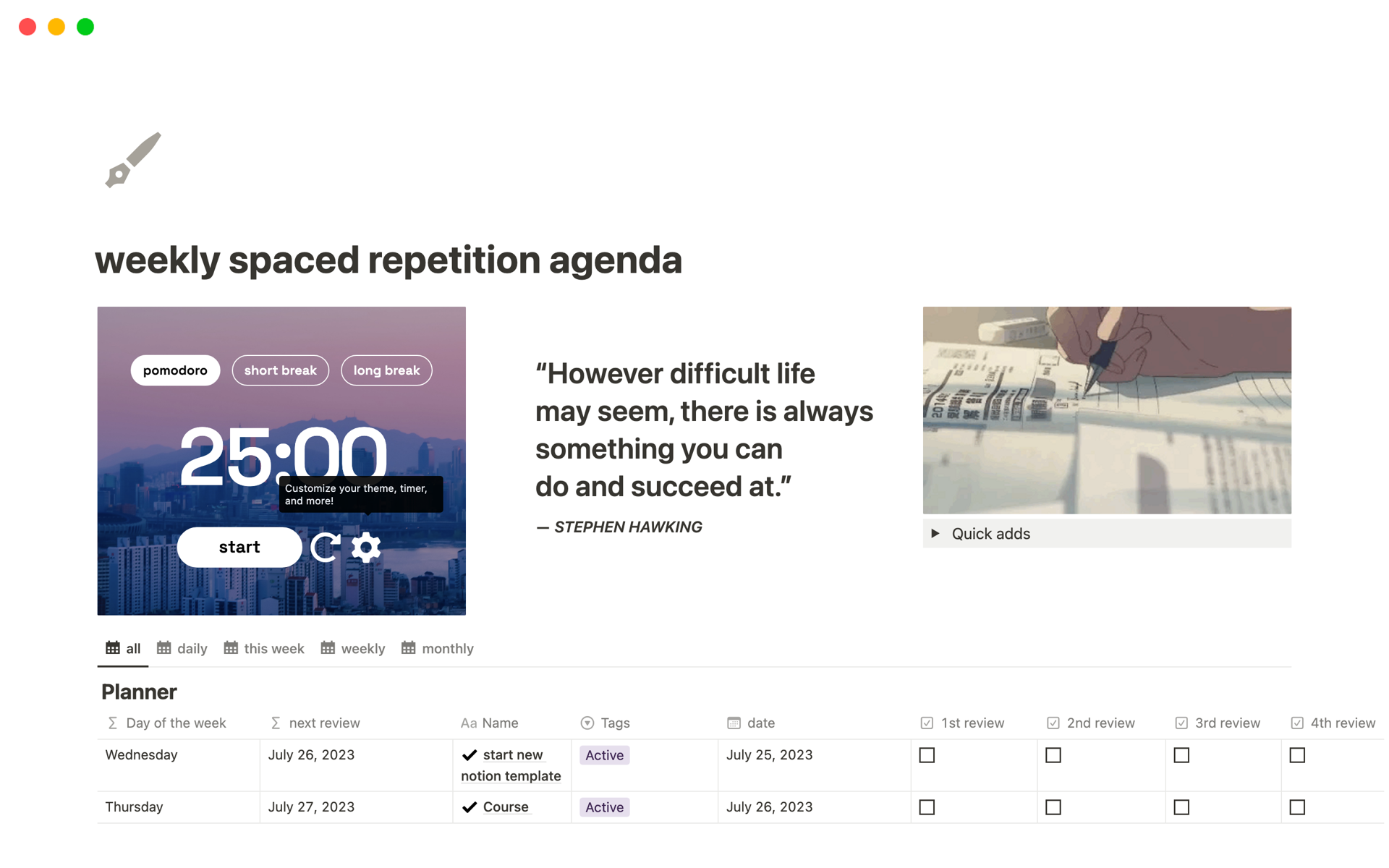 weekly spaced repetition agenda Template | Notion Marketplace