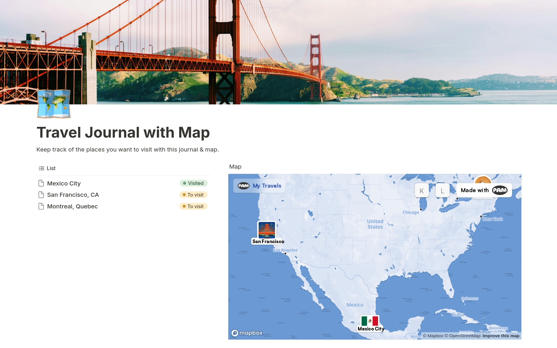 Travel Journal with Map Template by PamPam | Notion Marketplace