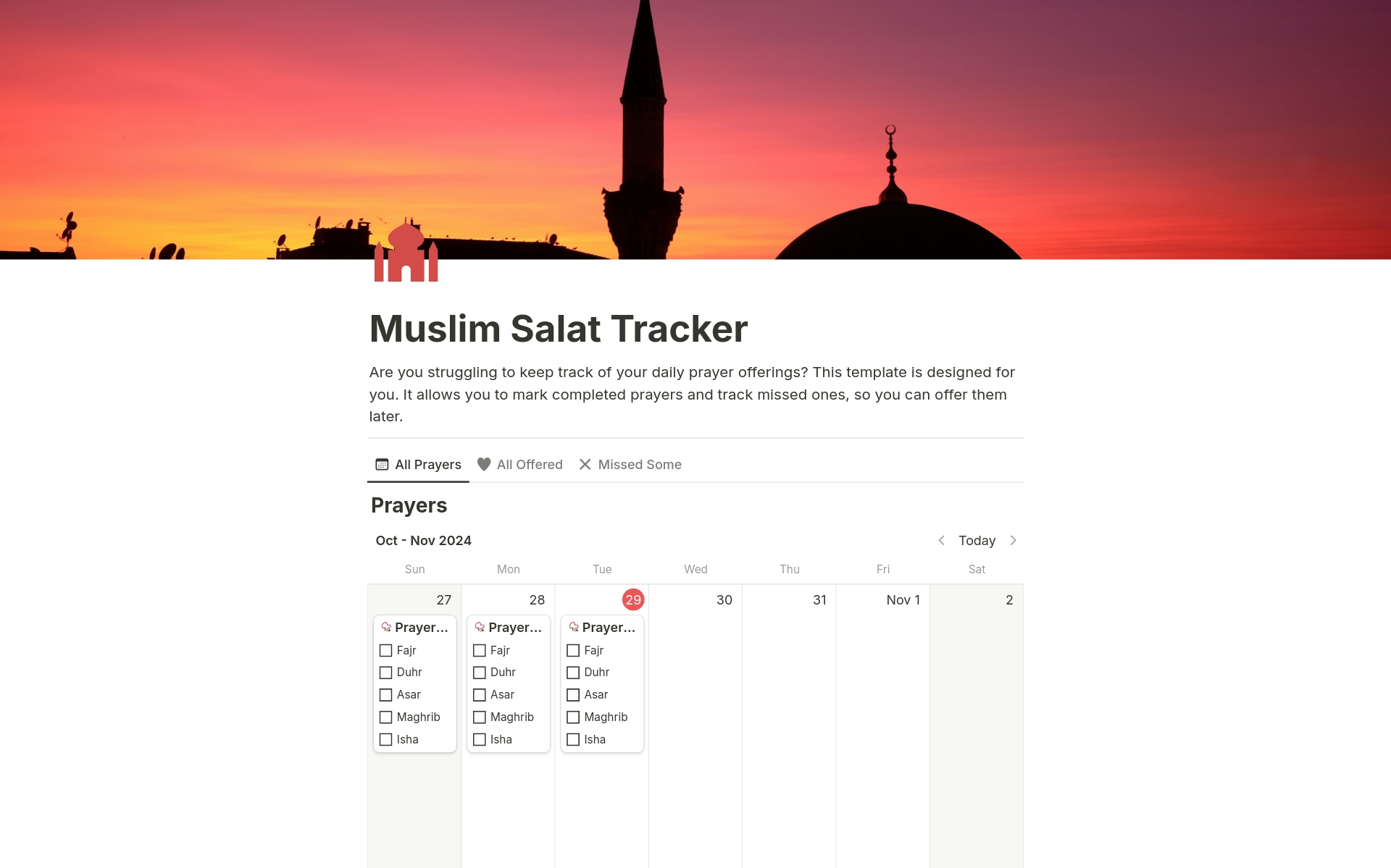 Muslim Salat Tracker Template by Muhammad Bilal | Notion Marketplace