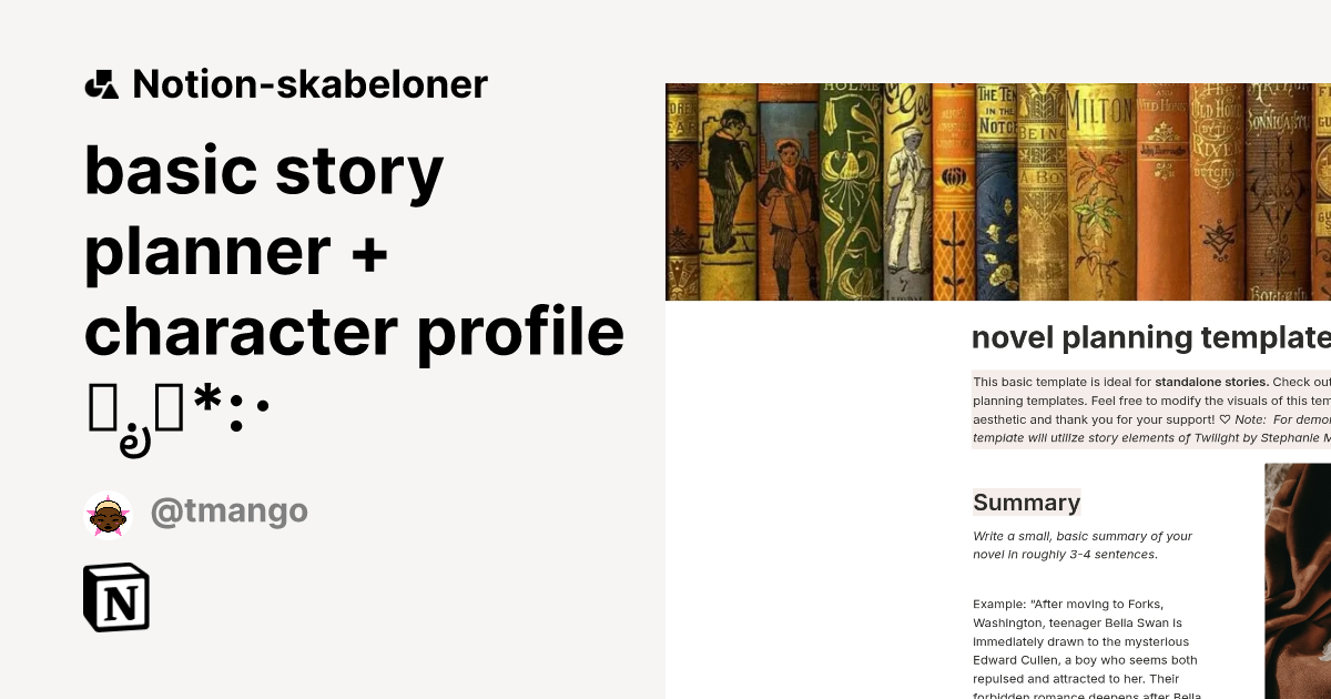 basic story planner + character profile ⋆.ೃ࿔*:･ Skabelon af Tami ...
