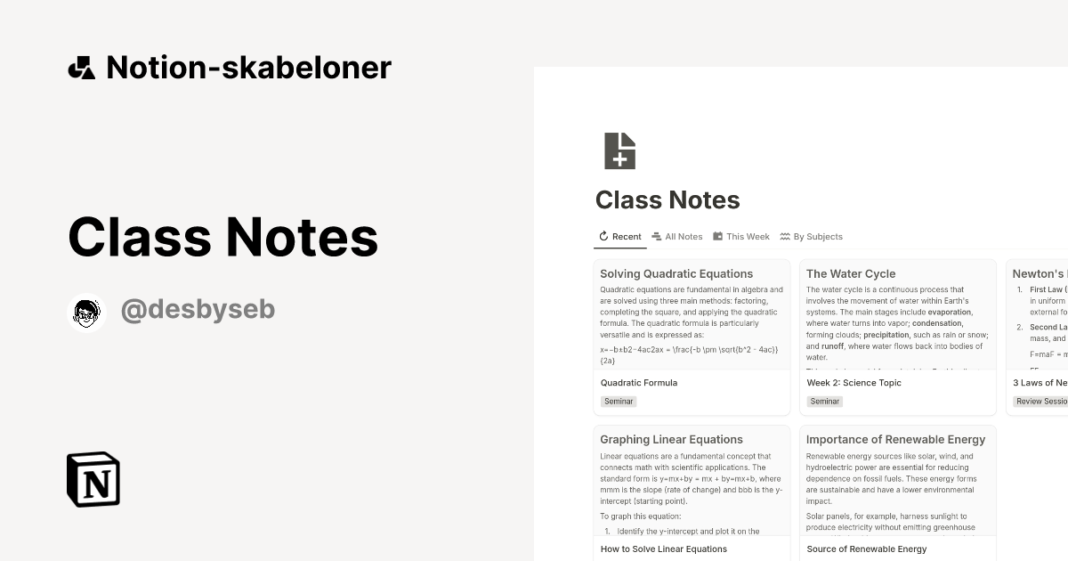 Class Notes Skabelon | Notion Marketplace