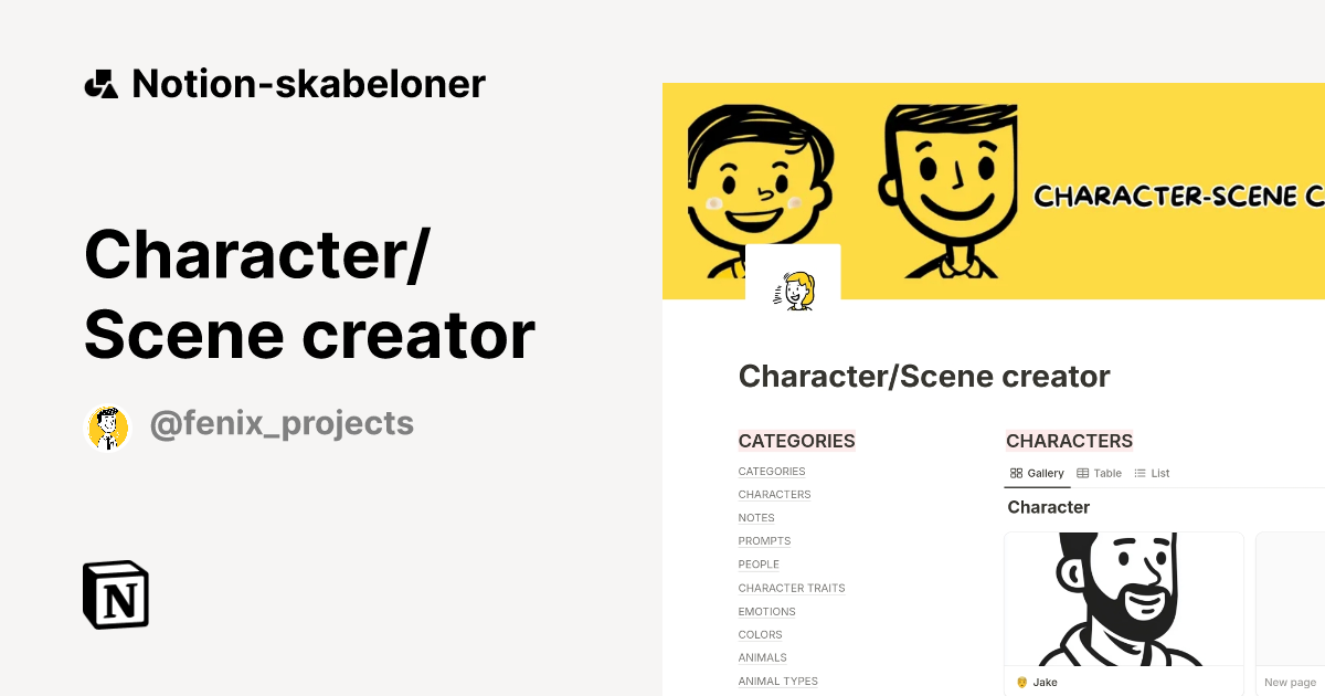 Character/Scene creator Skabelon af Fenix Projects | Notion Marketplace