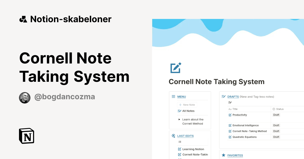 Cornell Note Taking System Skabelon af Bogdan Cozma | Notion Marketplace