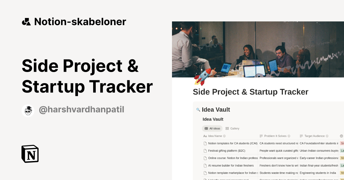 Side Project & Startup Tracker Skabelon | Notion Marketplace