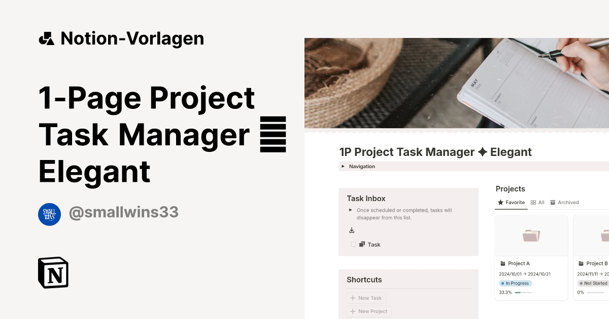 1-Page Project Task Manager Elegant Vorlage von Small Wins 小勝利 | Notion-Marketplace