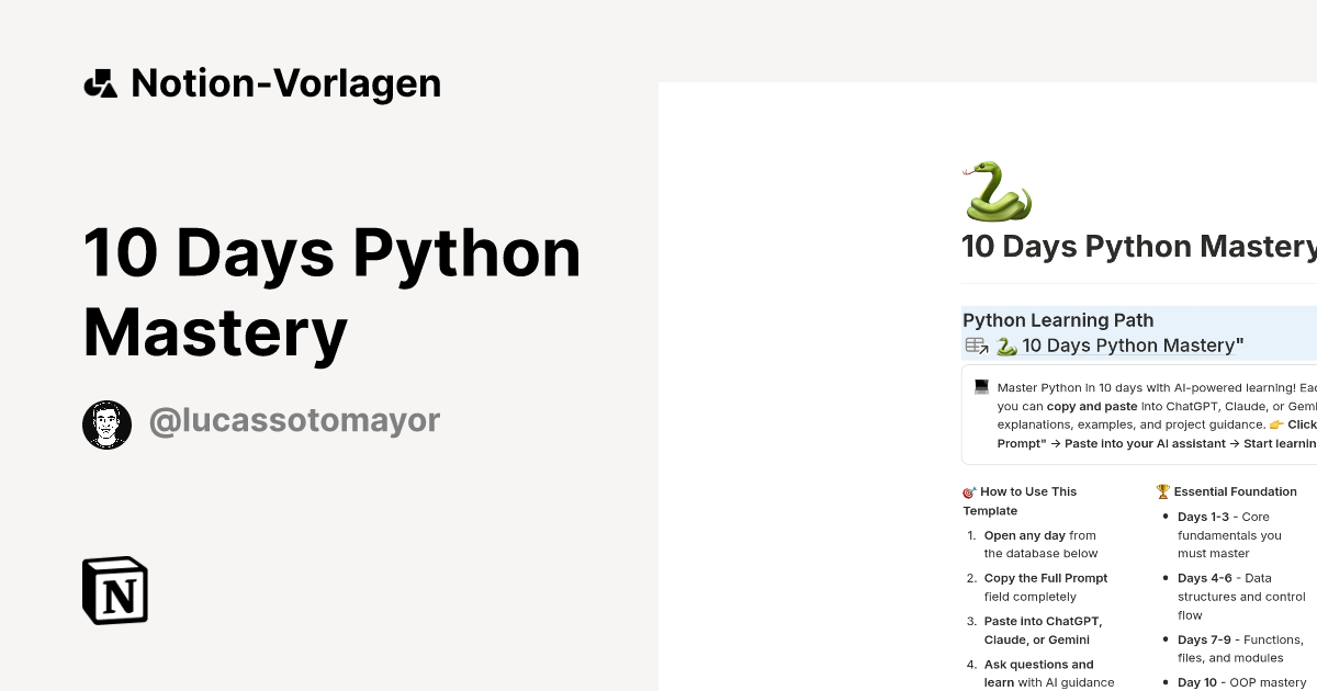10 Days Python Mastery Vorlage von Lucas Sotomayor | Notion-Marketplace