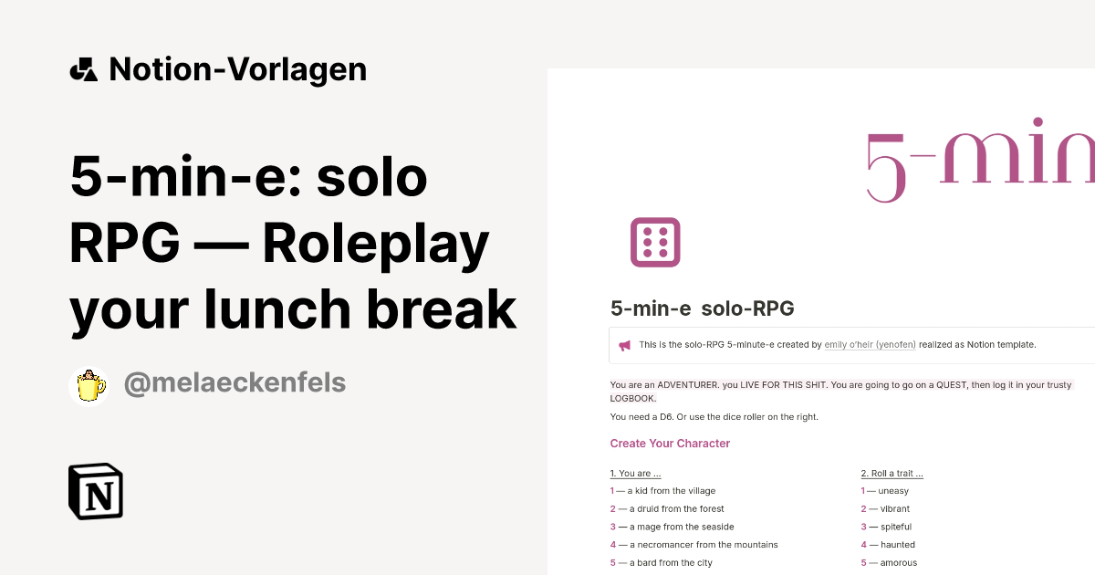 5-min-e: solo RPG — Roleplay your lunch break Vorlage | Notion-Marketplace