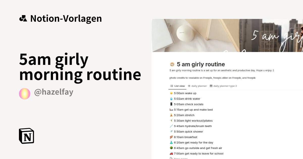 5am girly morning routine Vorlage | Notion-Marketplace