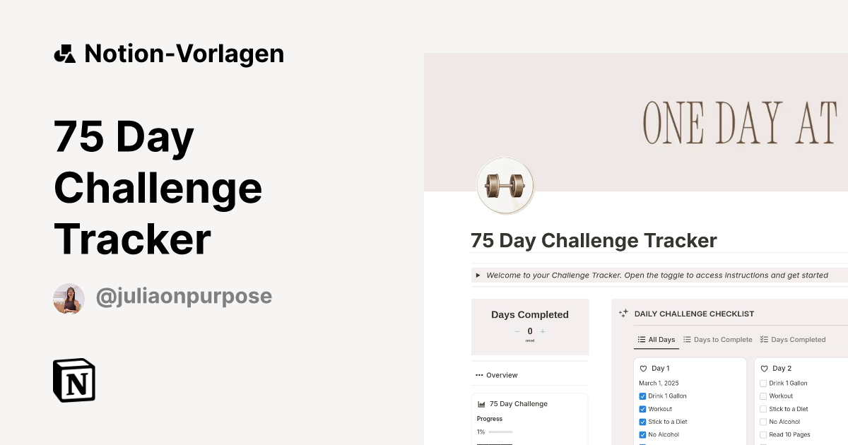 75 Day Challenge Tracker Vorlage | Notion-Marketplace
