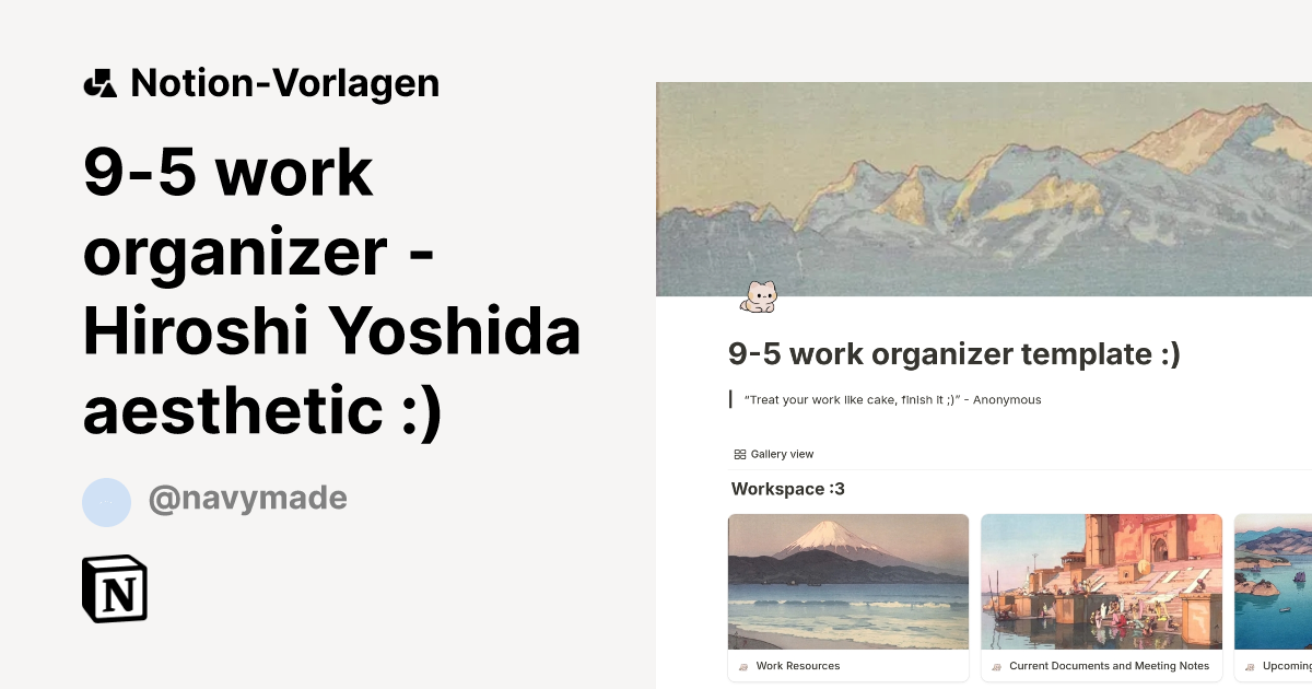 9-5 work organizer - Hiroshi Yoshida aesthetic :) Vorlage von Navy Made | Notion-Marketplace