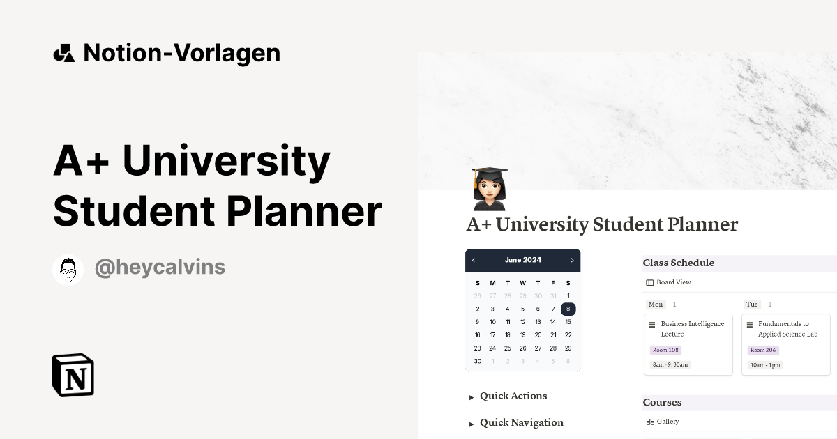 A+ University Student Planner Vorlage | Notion-Marketplace
