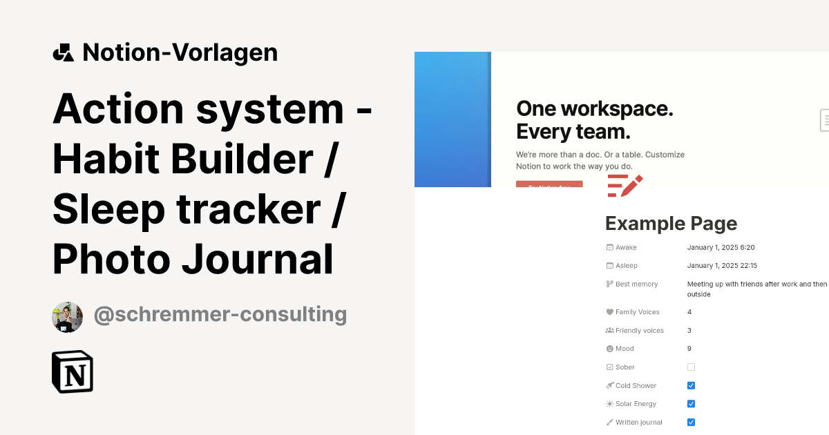 Action system - Habit Builder / Sleep tracker / Photo Journal Vorlage | Notion-Marketplace