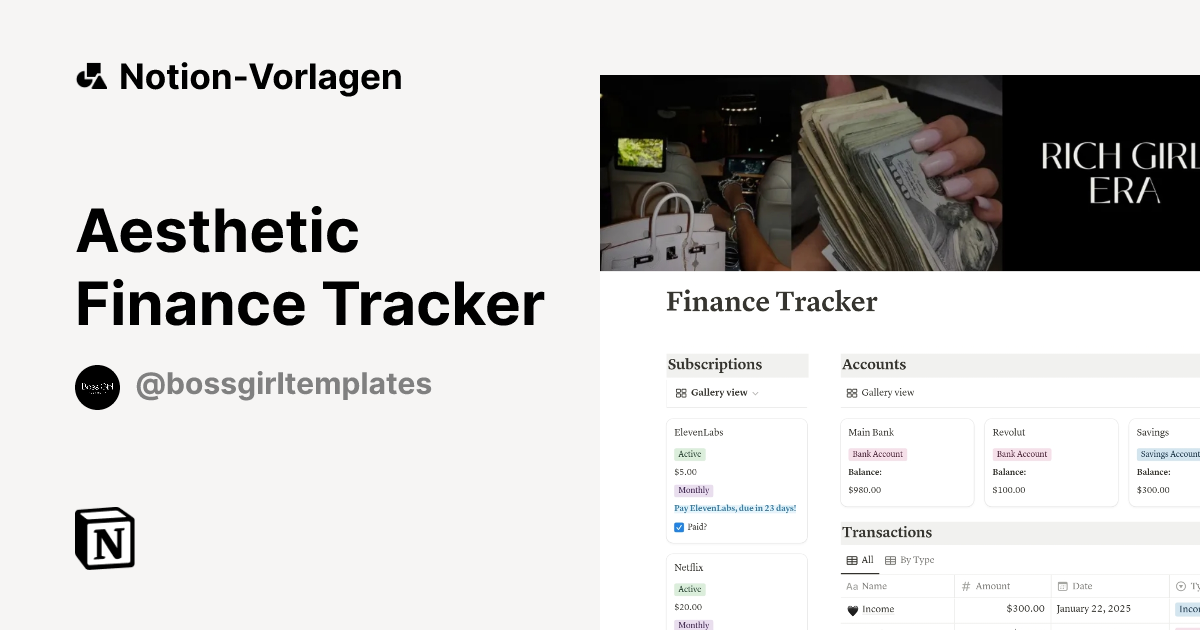Aesthetic Finance Tracker Vorlage von Boss Girl Templates | Notion ...