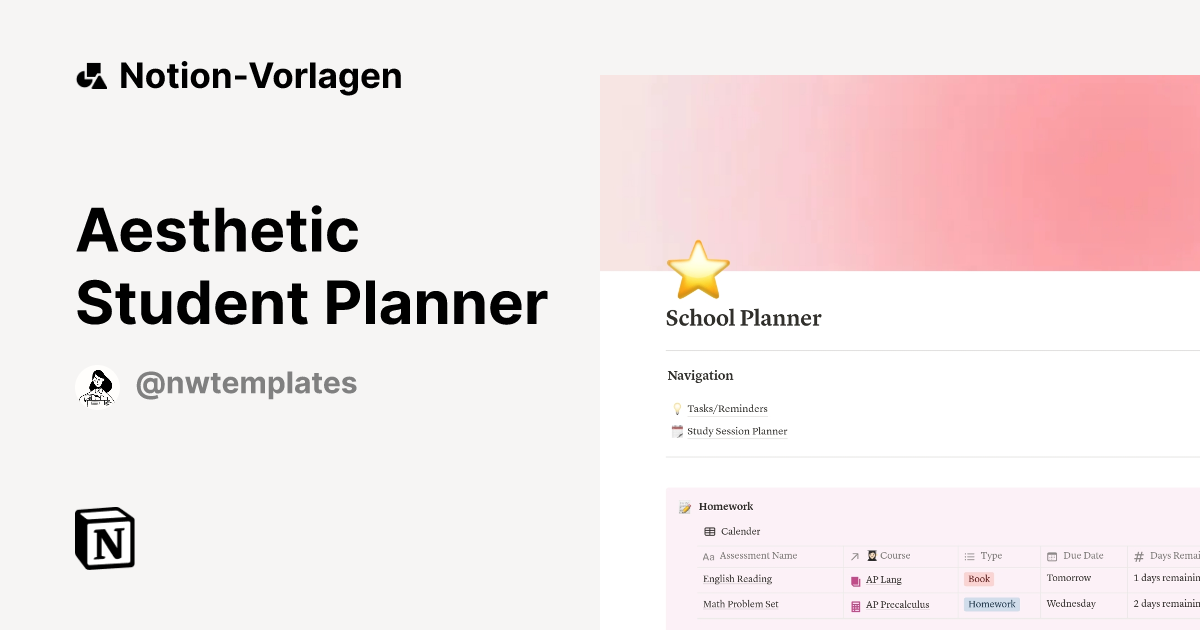 Aesthetic Student Planner Vorlage von NW | Notion-Marketplace