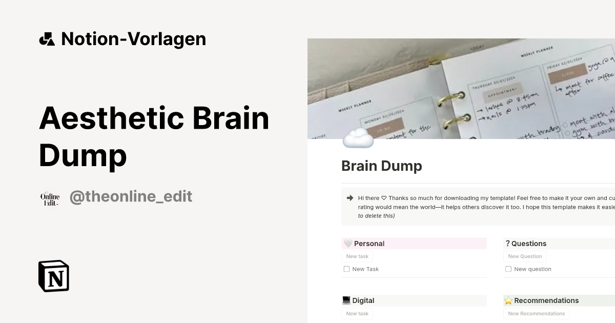 Aesthetic Brain Dump Vorlage von The Online Edit | Nicole | Notion-Marketplace