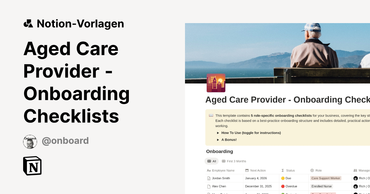 Aged Care Provider - Onboarding Checklists Vorlage | Notion-Marketplace