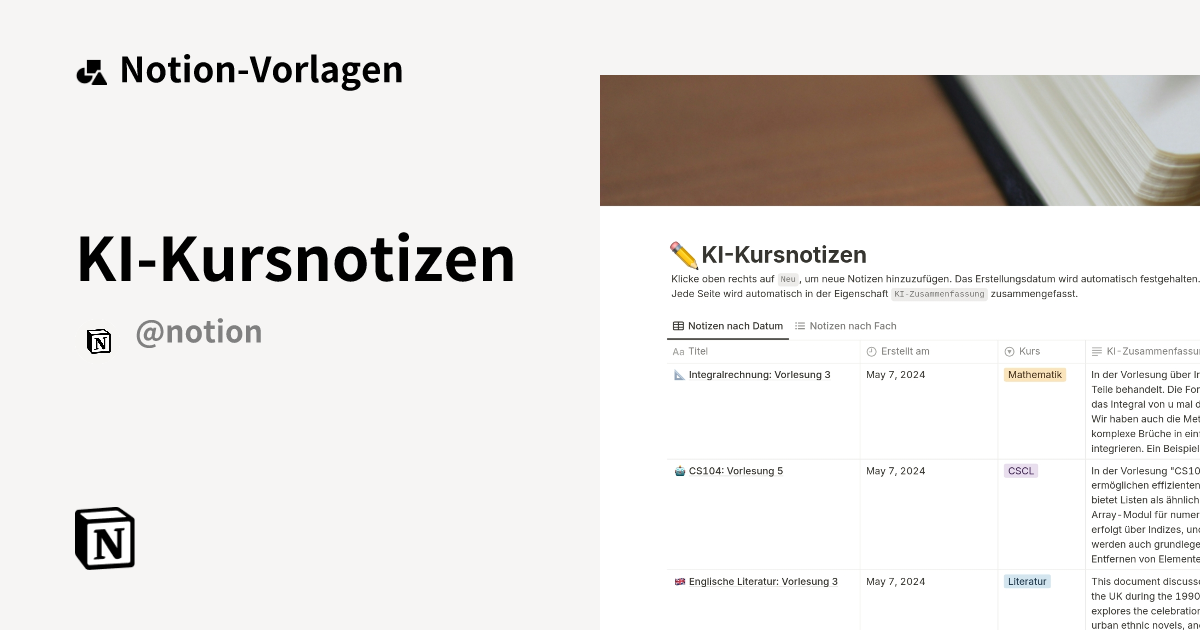 KI-Kursnotizen Vorlage von Notion | Notion-Marketplace