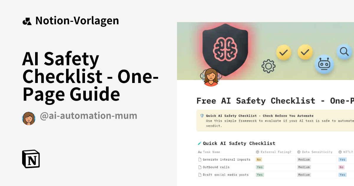 AI Safety Checklist - One-Page Guide Vorlage von AI Automation Mum ...