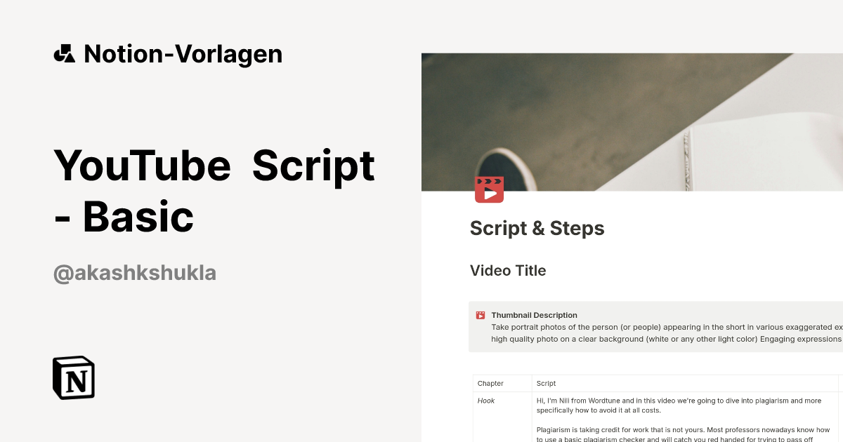 YouTube Script - Basic Vorlage von Akash Shukla | Notion-Marketplace