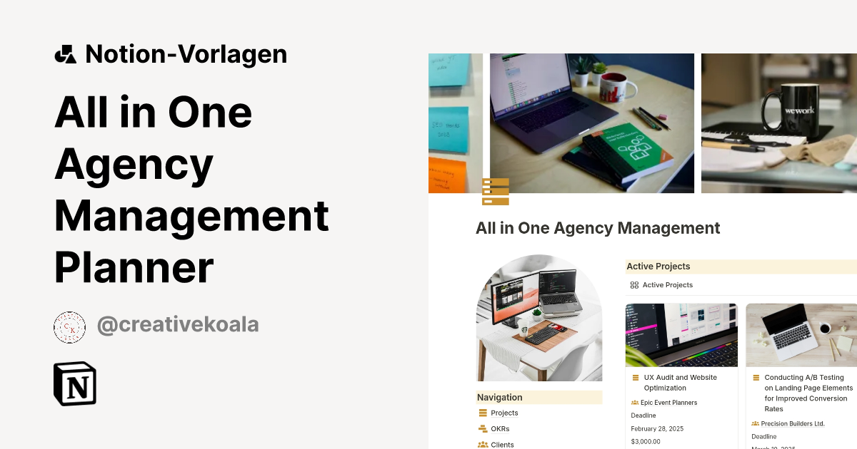 All in One Agency Management Planner Vorlage von Creative Koala | Notion-Marketplace