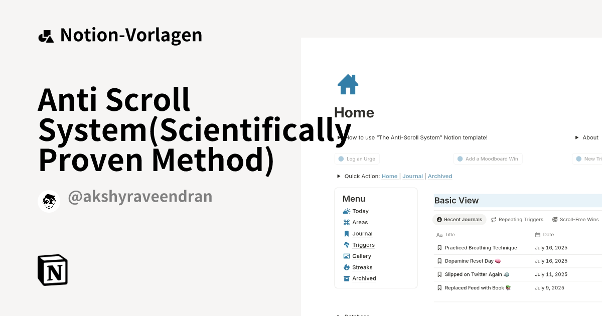 Anti Scroll System(Scientifically Proven Method) Vorlage von Akshay Raveendran | Notion-Marketplace