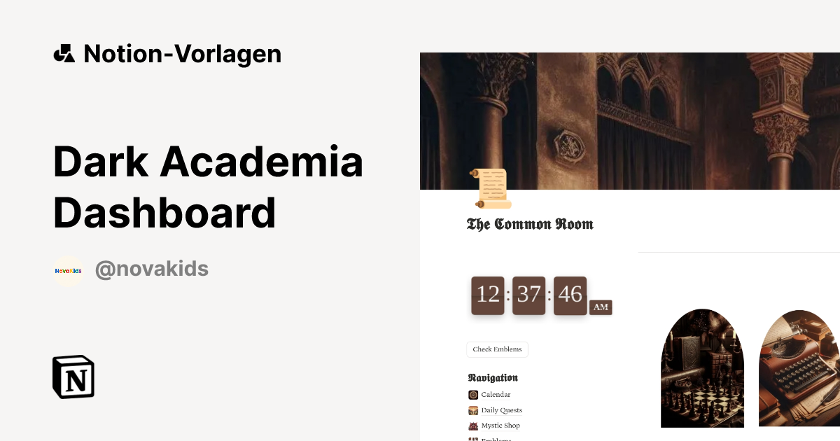 Dark Academia Dashboard Vorlage | Notion-Marketplace