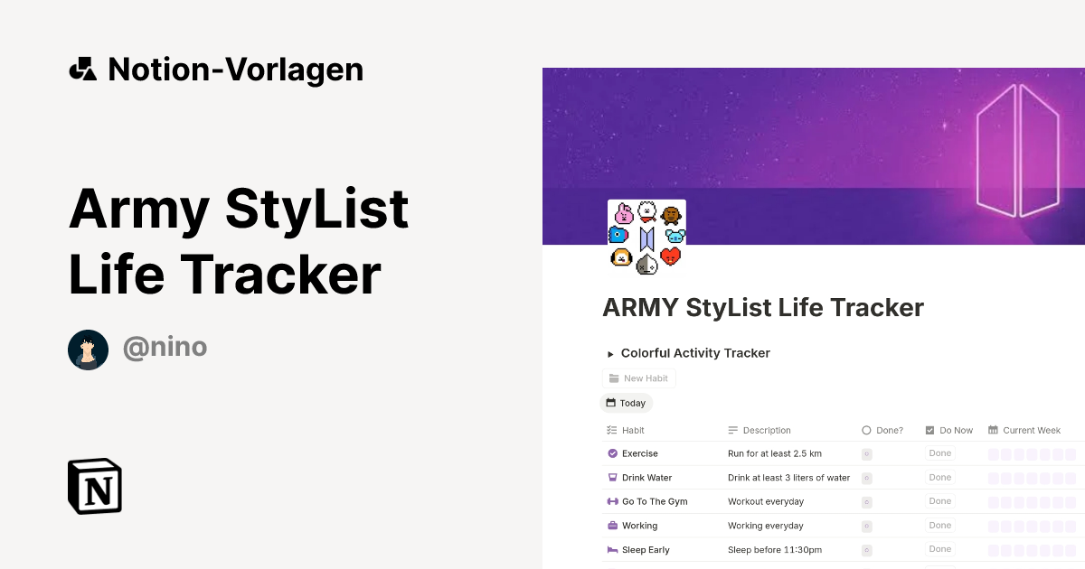 Army StyList Life Tracker Vorlage | Notion-Marketplace