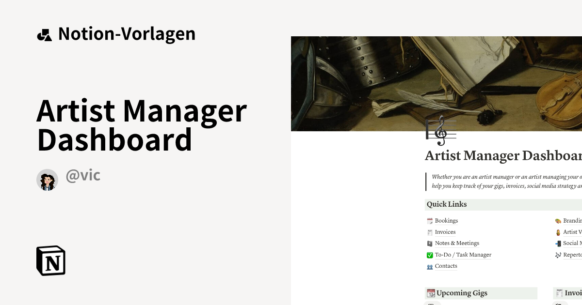 Artist Manager Dashboard Vorlage | Notion-Marketplace