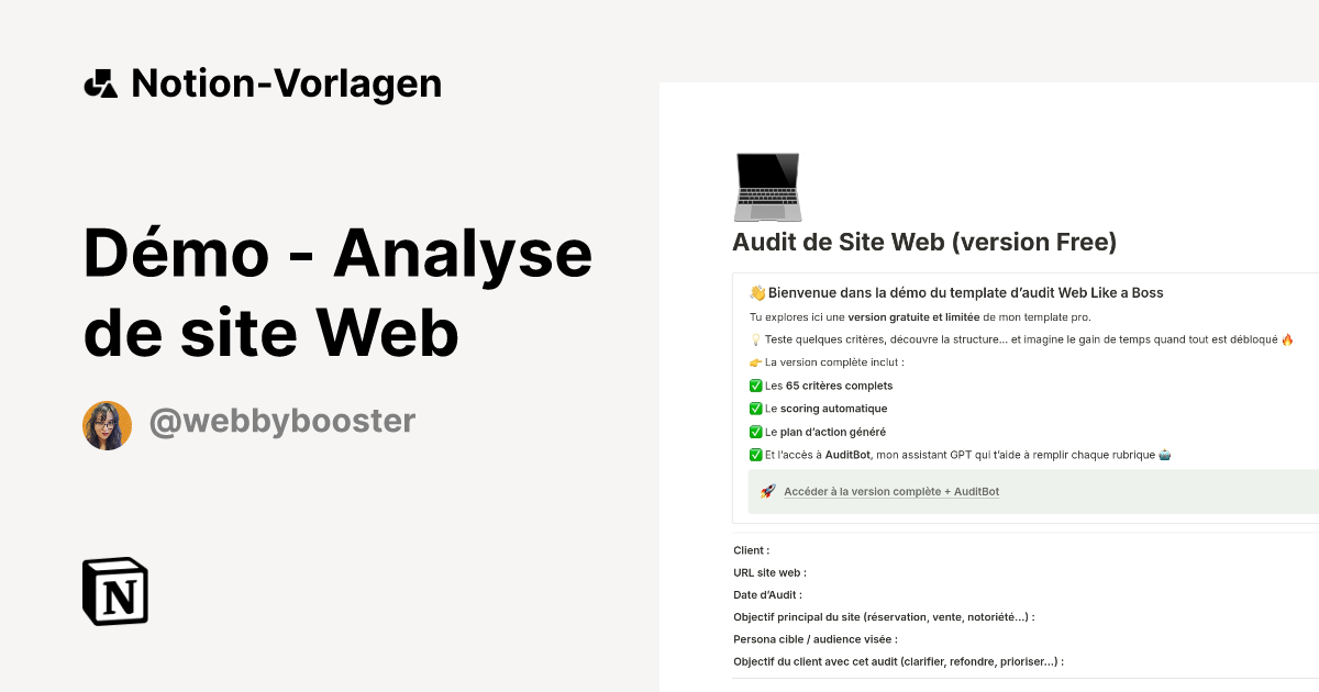 Démo - Analyse de site Web Vorlage | Notion-Marketplace