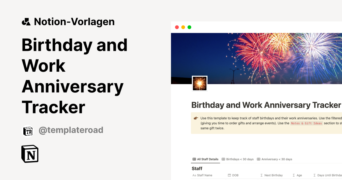Birthday and Work Anniversary Tracker Vorlage | Notion-Marketplace