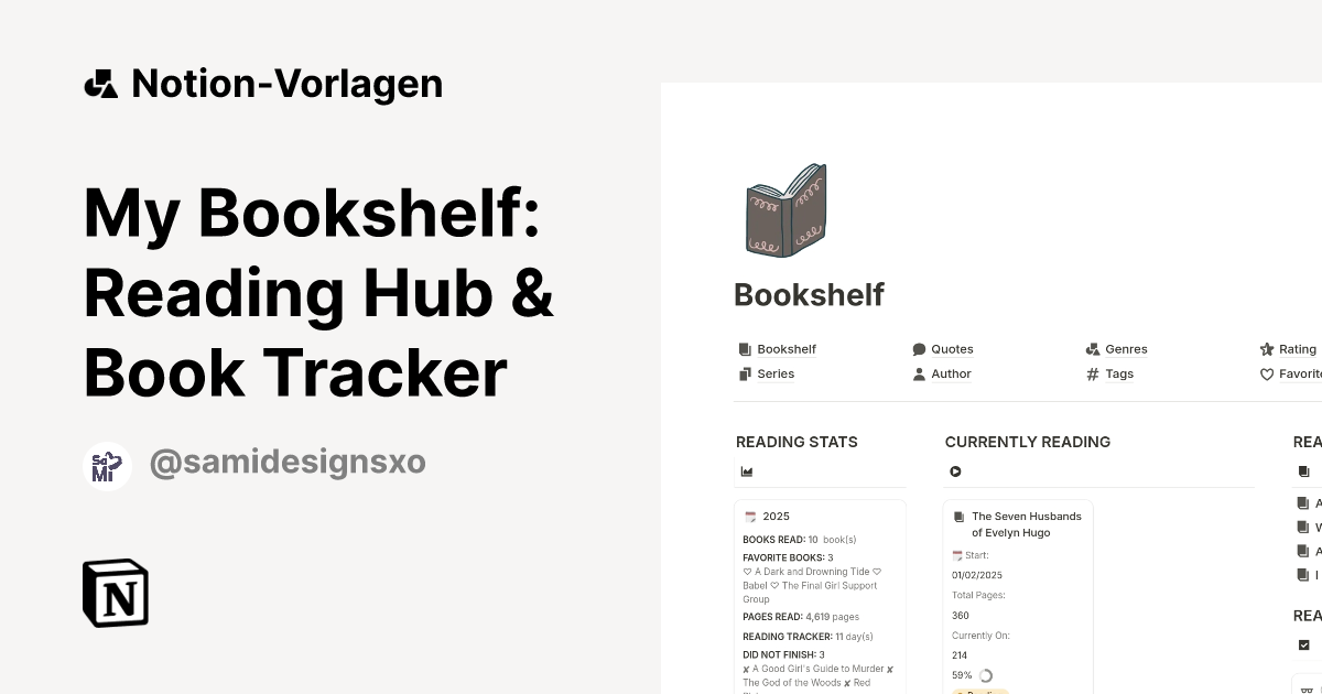 My Bookshelf: Reading Hub & Book Tracker Vorlage | Notion-Marketplace