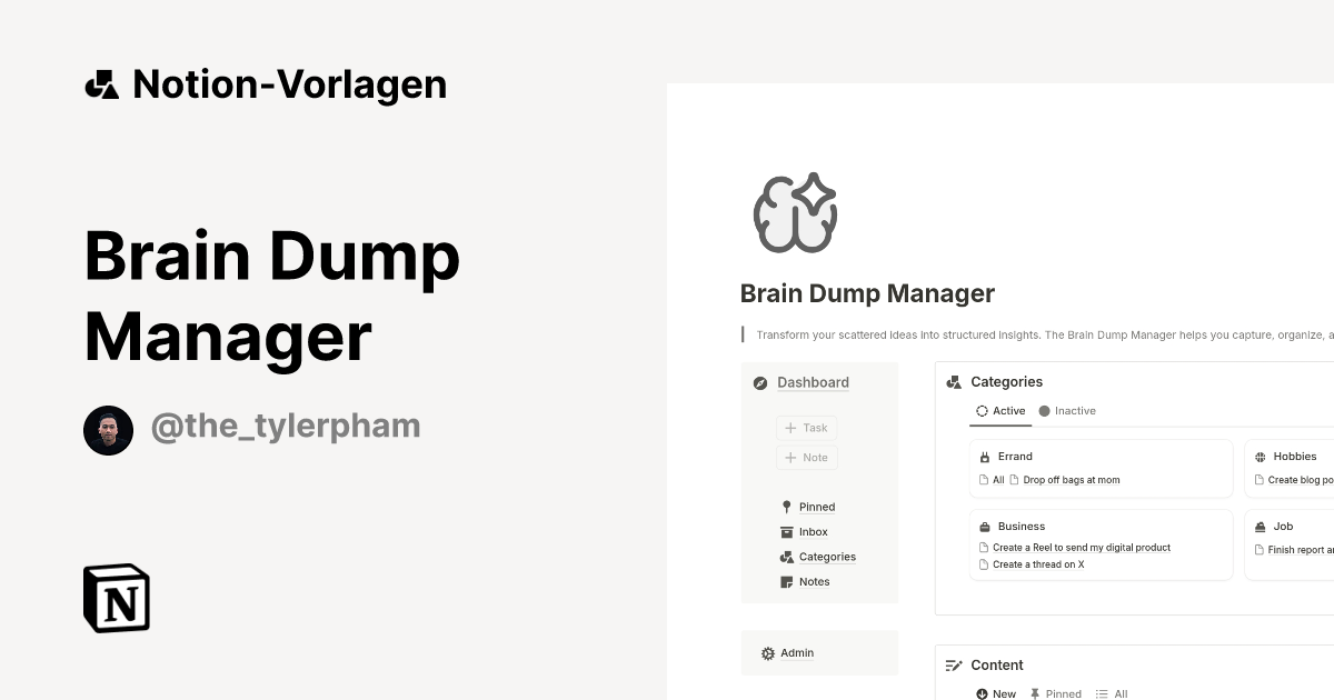 Brain Dump Manager Vorlage von Tyler Pham | Notion-Marketplace