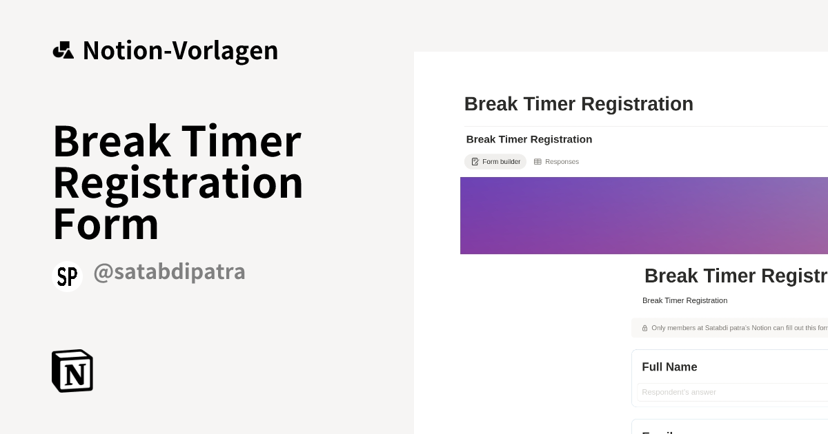 Break Timer Registration Form Vorlage | Notion-Marketplace