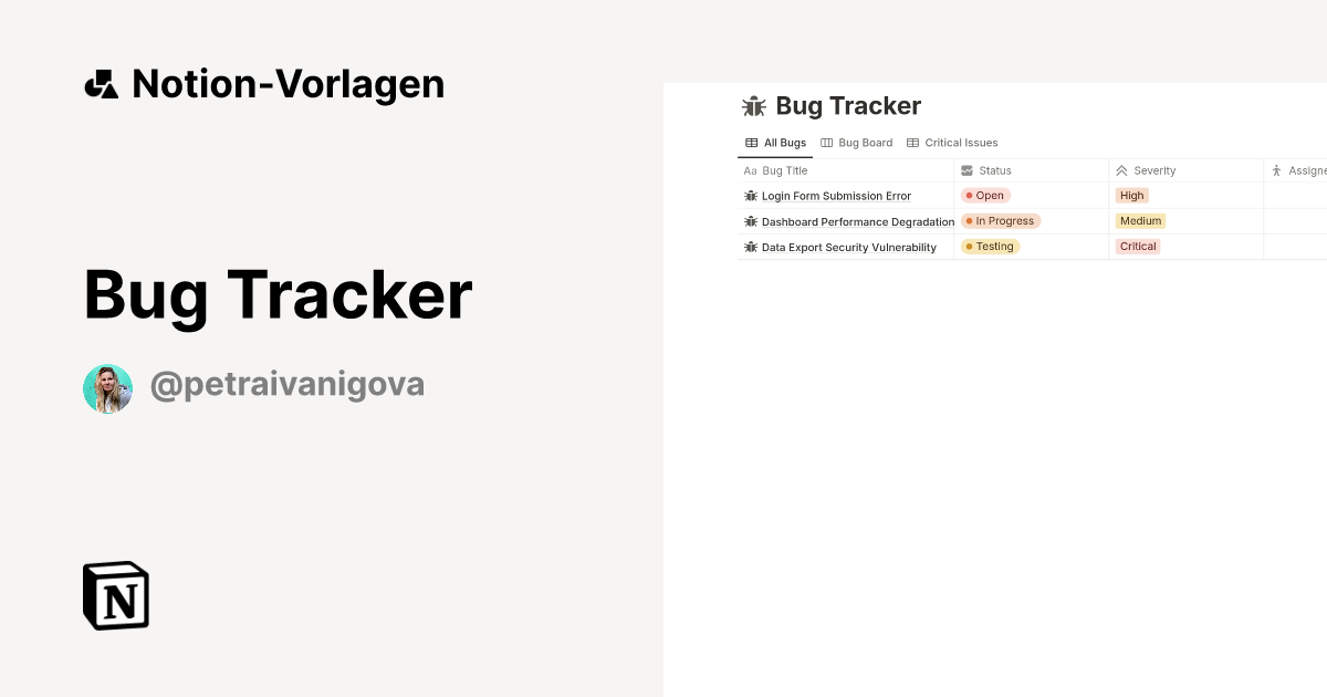 Bug Tracker Vorlage von Petra Ivanigova | Notion-Marketplace