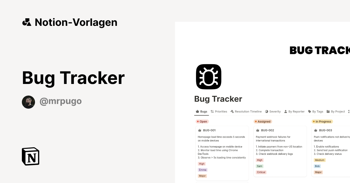 Bug Tracker Vorlage | Notion-Marketplace
