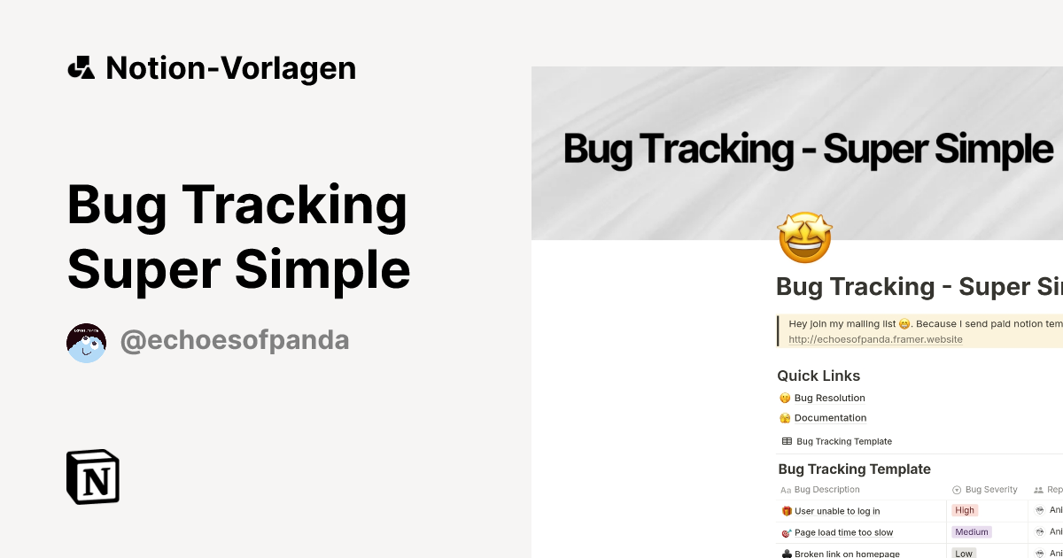 Bug Tracking Super Simple Vorlage von Echoes of Panda🐼 | Notion-Marketplace