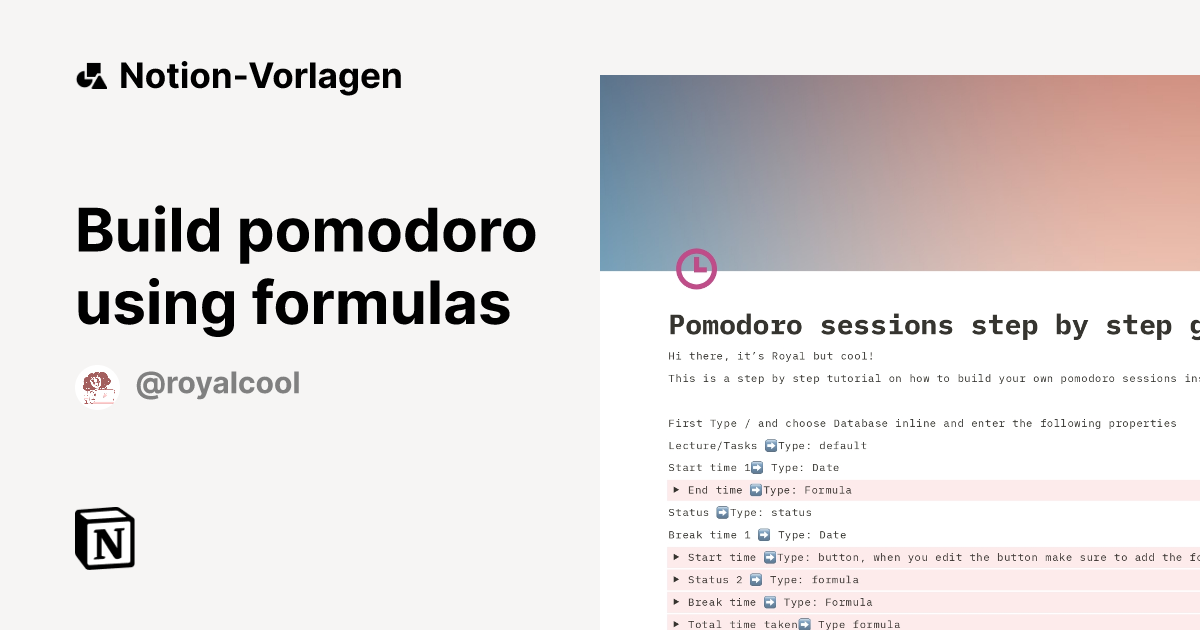 Build pomodoro using formulas Vorlage | Notion-Marketplace