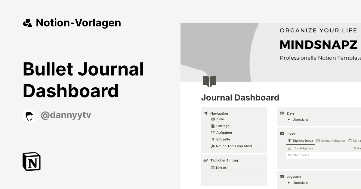 Bullet Journal Dashboard Vorlage von DannyyTv von MindSnapz.de | Notion ...