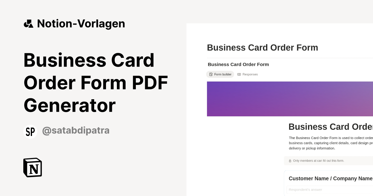 Business Card Order Form PDF Generator Vorlage von Satabdi Patra ...
